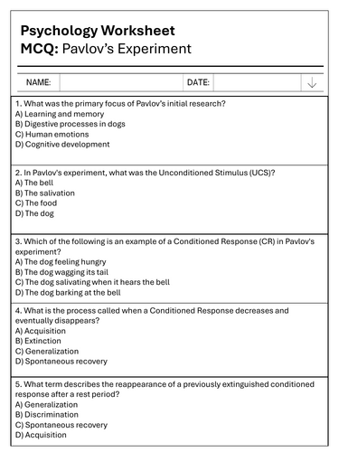 Psychology - Questions and Assessment Material: Pavlov's Experiment ...