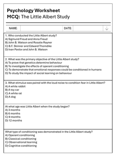 Psychology - Questions and Assessment Material: The Little Albert Study ...