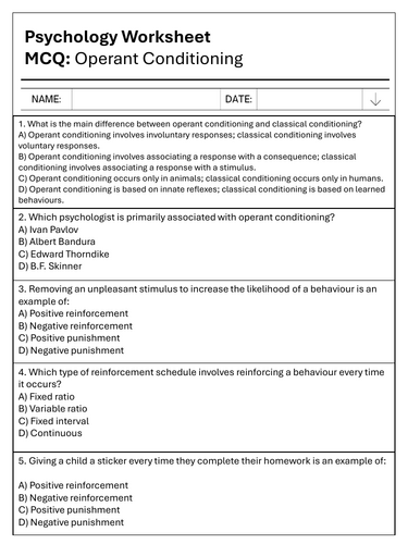 Psychology - Questions and Assessment Material: Operant Conditioning ...