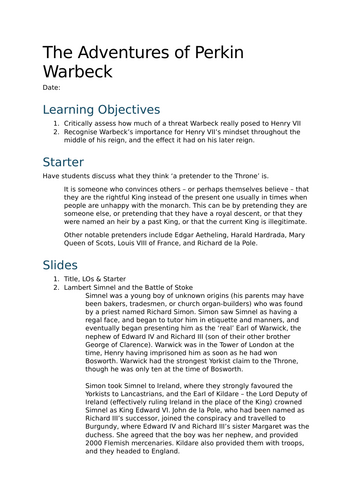 KS3 History Tudors Lesson - Henry VII and Perkin Warbeck | Teaching ...