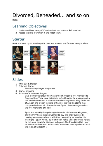 KS3 History Tudors Lesson - Henry VIII's Wives | Teaching Resources
