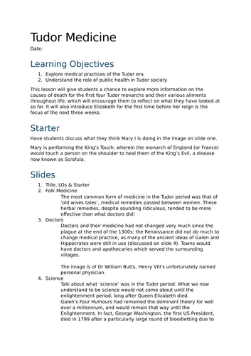 KS3 History Tudors Lesson - Tudor Medicine | Teaching Resources