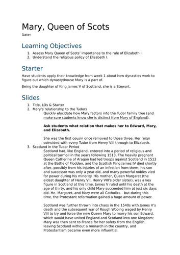 KS3 History Tudors Lesson - Mary, Queen of Scots | Teaching Resources