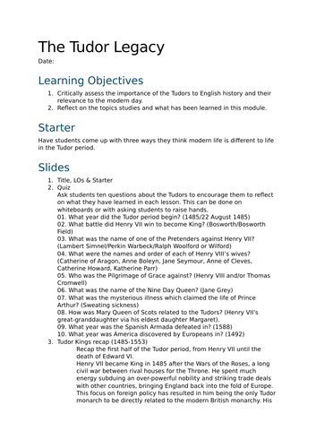 KS3 History Tudors Lesson - The Tudor Legacy | Teaching Resources
