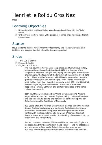 KS3 History Tudors Lesson - Henry VIII and France | Teaching Resources