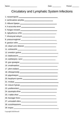 Circulatory, Lymphatic System Infections Word Scramble for a ...