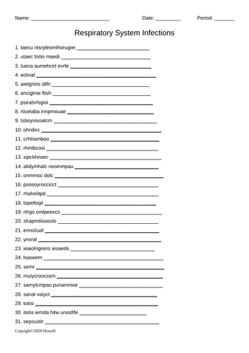 Respiratory System Infections Word Scramble for a Microbiology Course ...