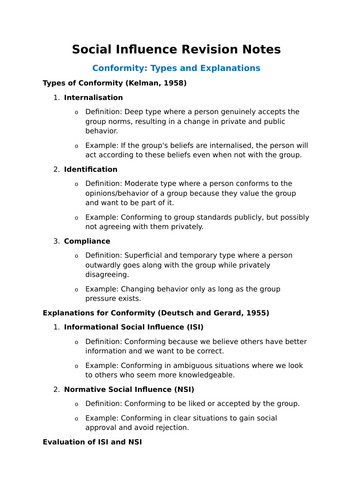 Social Influence Revision Notes (AQA A Level Psychology) Paper 1 ...