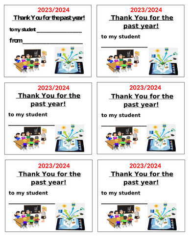 2023 2024 End of the Year Thank You Cards | Teaching Resources