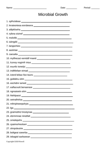 Microbial Growth Word Scramble for a Microbiology Course | Teaching ...