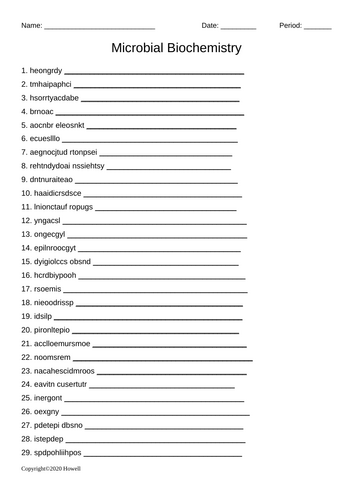 Microbial Biochemistry Word Scramble for a Microbiology Course ...