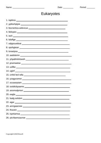Eukaryotes Word Scramble for a Microbiology Course | Teaching Resources