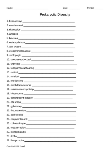 Prokaryotic Diversity Word Scramble for a Microbiology Course ...