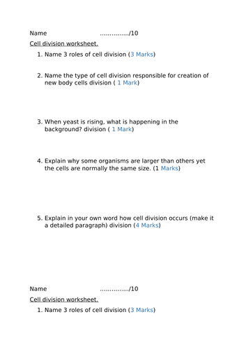 Cell division worksheet | Teaching Resources