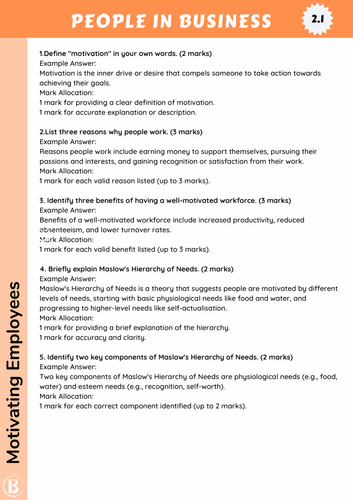 IGCSE Business Unit 2.1: Motivating employees | Teaching Resources