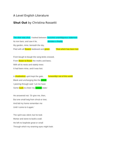 "Shut Out" by Christina Rossetti A LEVEL ENGLISH LITERATURE analysis ...