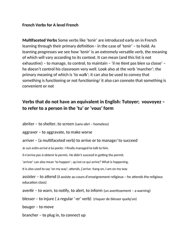 A LEVEL FRENCH revision of verbs including multifaceted verbs ...