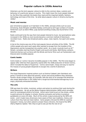AQA 8145 America 1920-73 - 1930s Popular culture | Teaching Resources