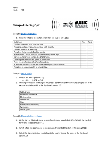 Bhangra listening quiz/test | Teaching Resources