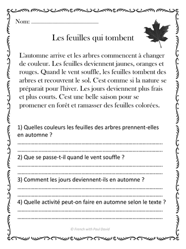 Compréhension de lecture - Automne (10 textes) / French Reading ...