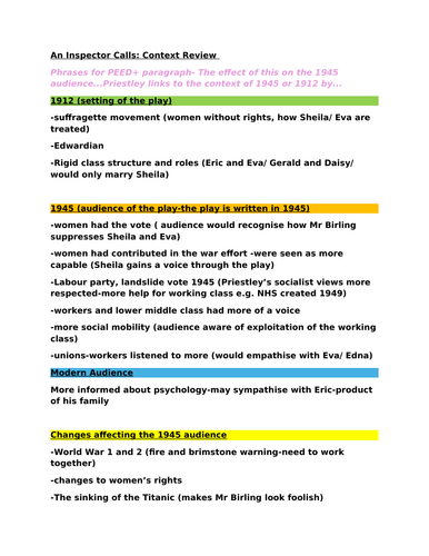 Quick context handout An Inspector Calls | Teaching Resources