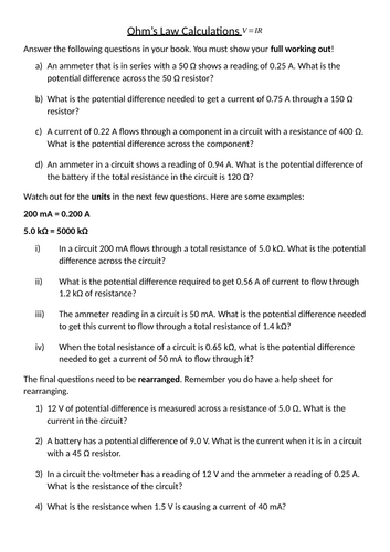 P2 AQA Ohms Law Calculations Foundation | Teaching Resources