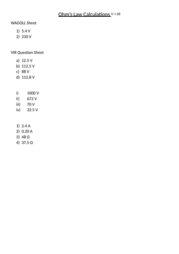 P2 AQA Ohms Law Calculations Foundation | Teaching Resources