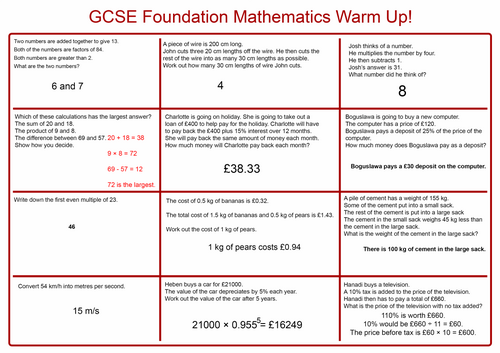 GCSE Foundation Mathematics Morning Warm Up 3! | Teaching Resources