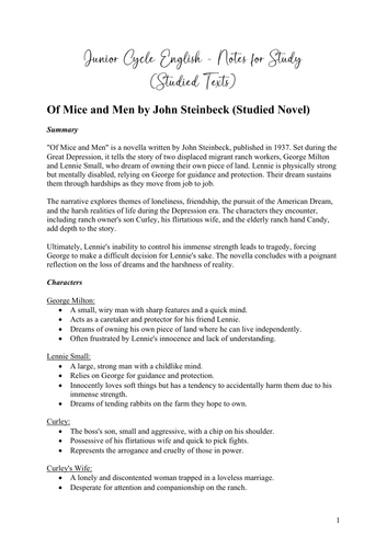 All Studied Text Notes! (Of Mice & Men, The Call, The Merchant of ...