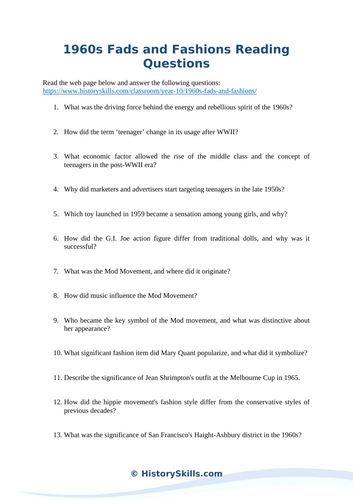 1960s Fads and Fashions Reading Questions Worksheet | Teaching Resources