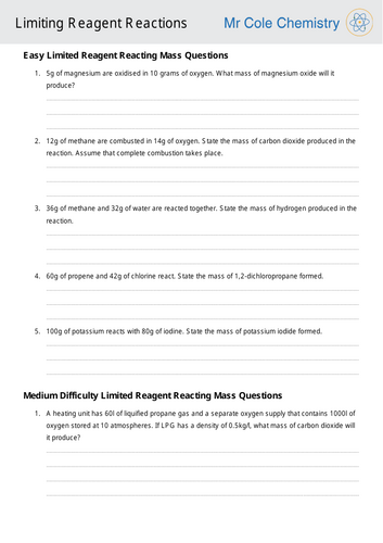 Limiting Reagents Reacting Mass Calcs | Teaching Resources