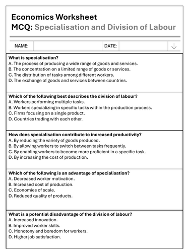 Economics - Questions and Assessment Material - Specialisation and ...