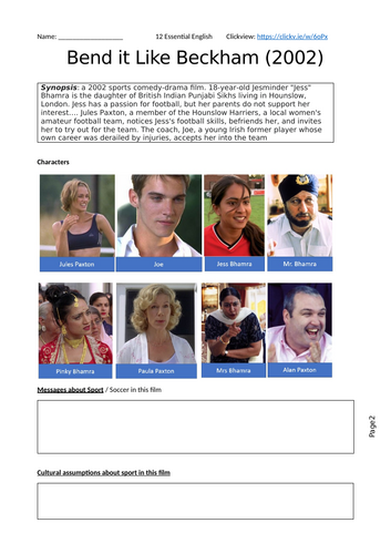 Worksheet for viewing Bend it like Beckham (2002) | Teaching Resources