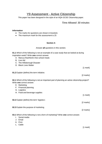 Active Citizenship Project and original final assessment , based on ...