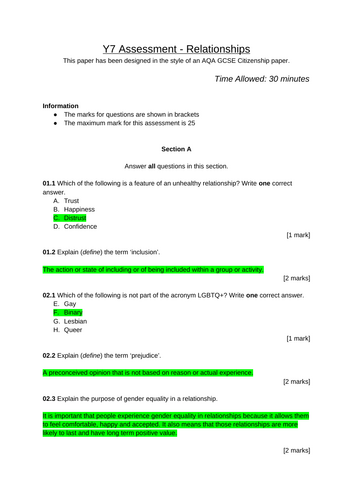 Y7 (KS3) Relationships - PSHE/ Citizenship Assessment with mark scheme ...