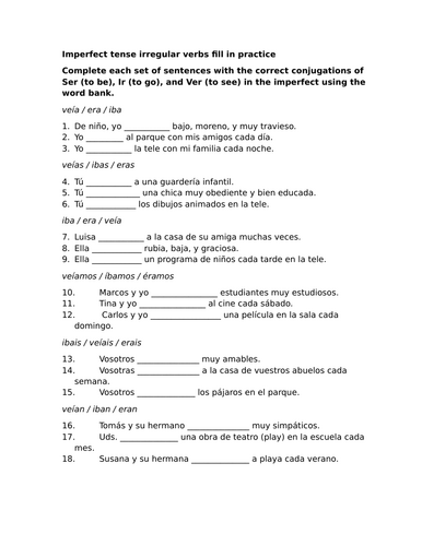 Imperfect tense irregular verbs fill in practice | Teaching Resources