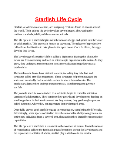 Starfish Life Cycle : Reading Comprehension with Multiple choice ...