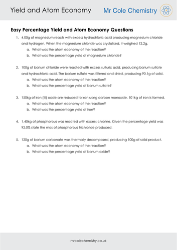 Atom Economy and Percentage Yield | Teaching Resources