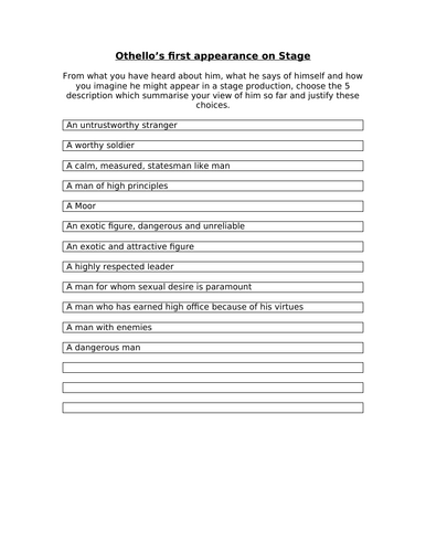Othello Introductory Lessons A Level or GCSE | Teaching Resources