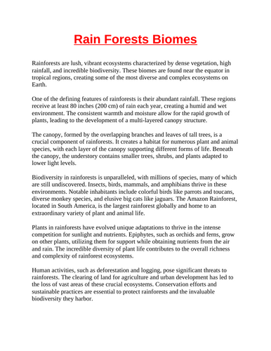 Rain Forests Biomes : Reading Comprehension with Multiple choice ...