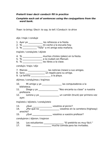Preterit traer decir conducir fill in practice | Teaching Resources