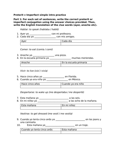 Preterit v Imperfect simple intro practice | Teaching Resources