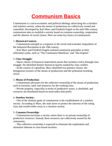 Communism Basics : Reading Comprehension with Multiple choice Questions ...