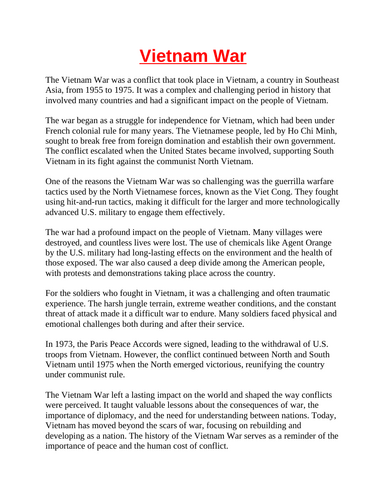 Vietnam War : Reading Comprehension with Multiple choice Questions ...