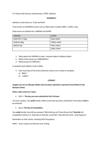 Athletics numeracy cover lesson | Teaching Resources