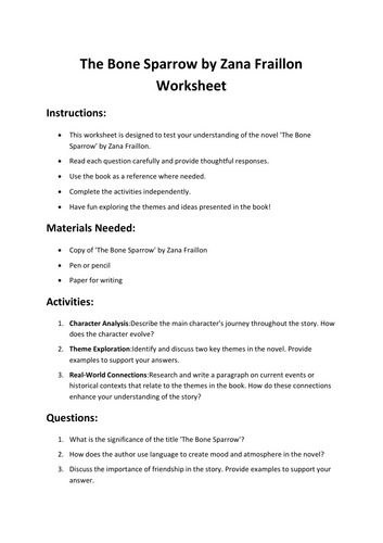 The Bone Sparrow by Zana Fraillon Worksheet | Teaching Resources
