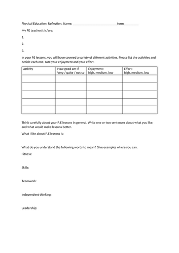 PE cover student reflection sheet | Teaching Resources