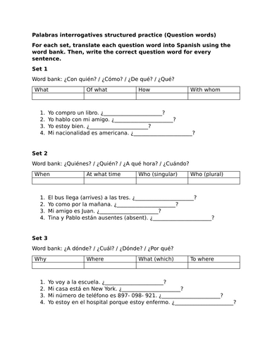 Palabras interrogatives structured practice (Question words) | Teaching ...