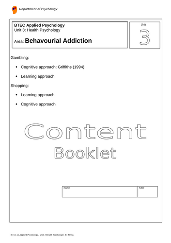 BTEC Applied Psychology Unit 3 -B2 - Addictions | Teaching Resources