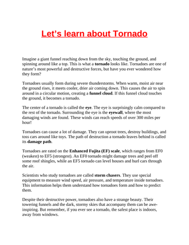 Tornadoes : Reading Comprehension with Multiple choice Questions ...
